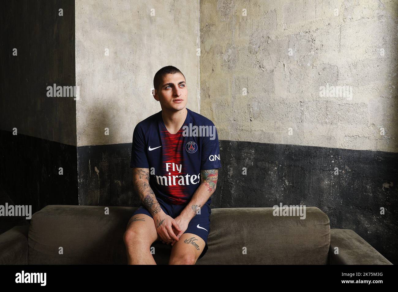 Football player Marco Verratti wearing their new kit in Paris May 10 ...