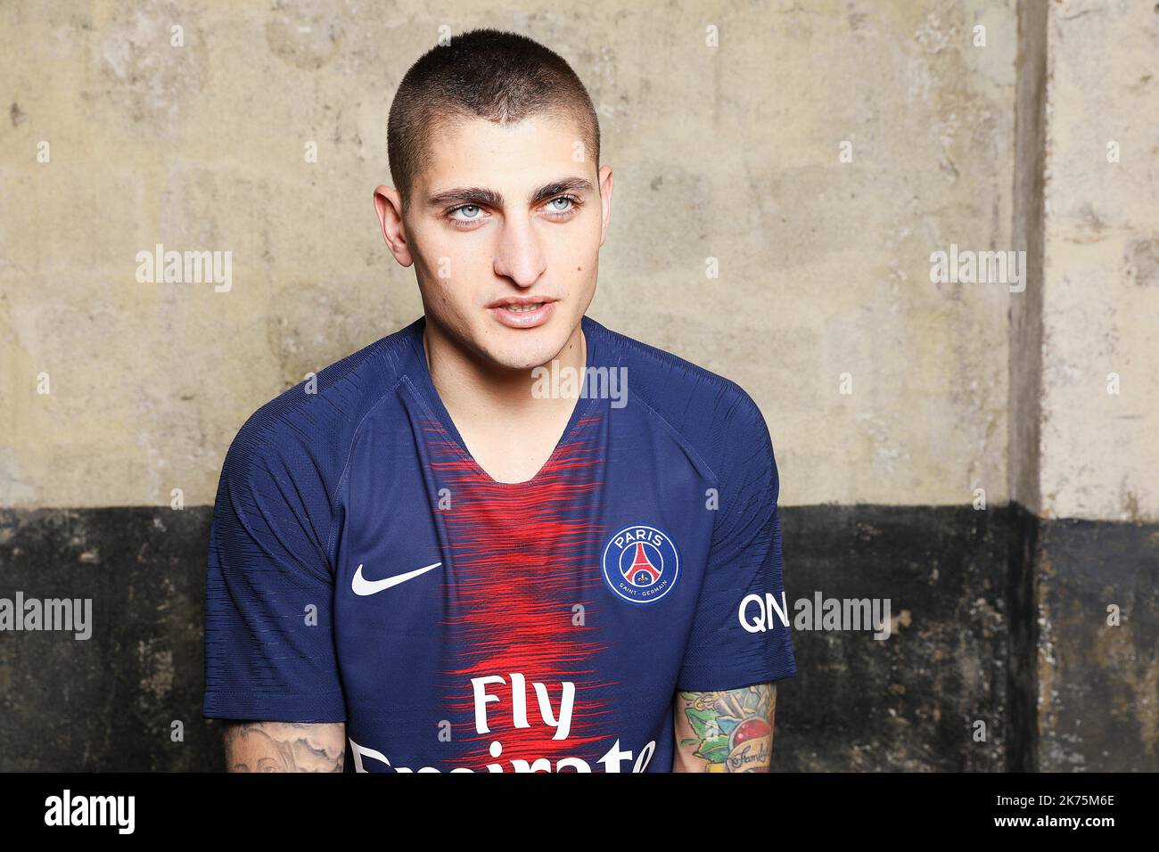 Football player Marco Verratti wearing their new kit in Paris May 10 ...