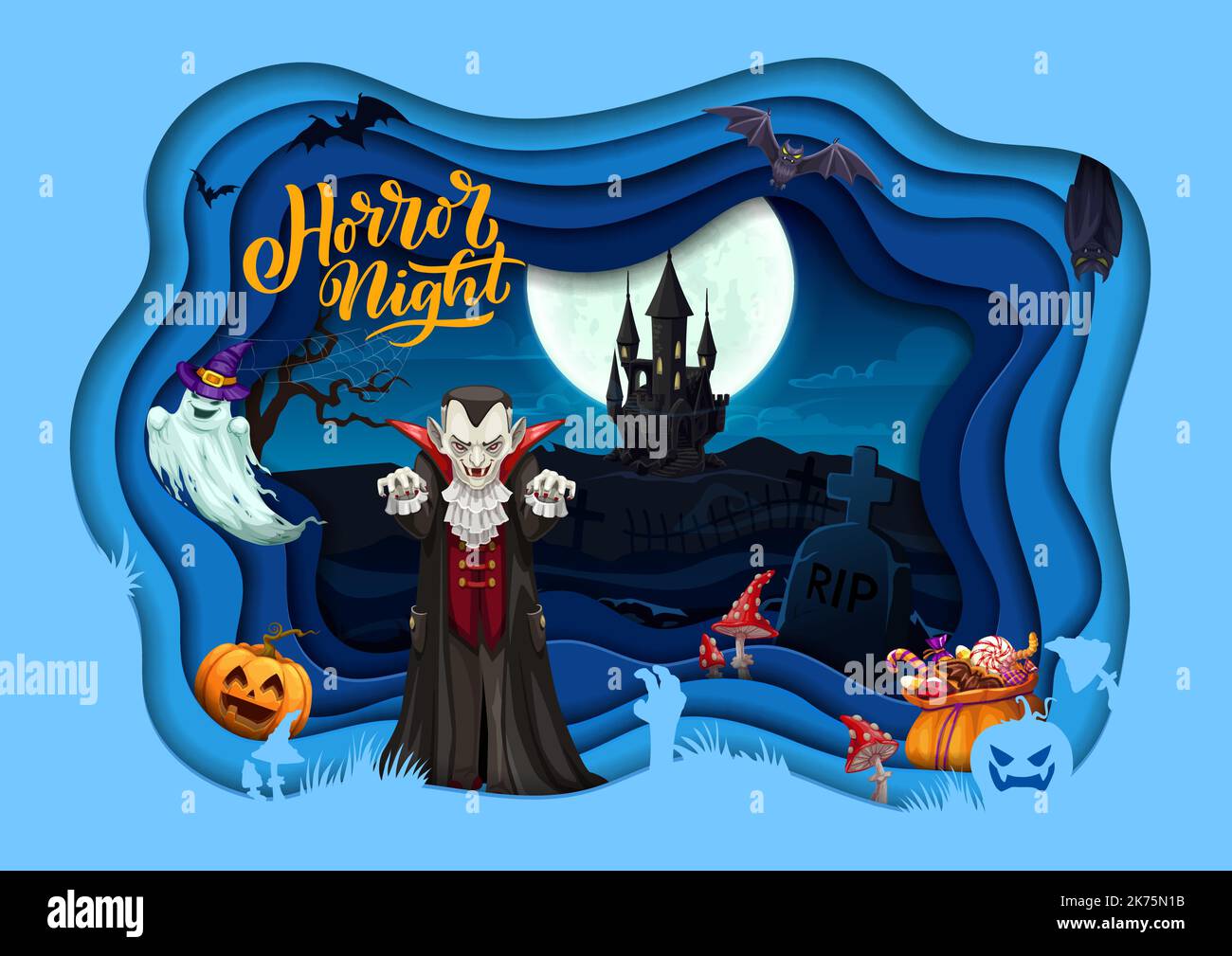 Halloween cartoon vampire paper cut poster. Cartoon vector 3d design ...