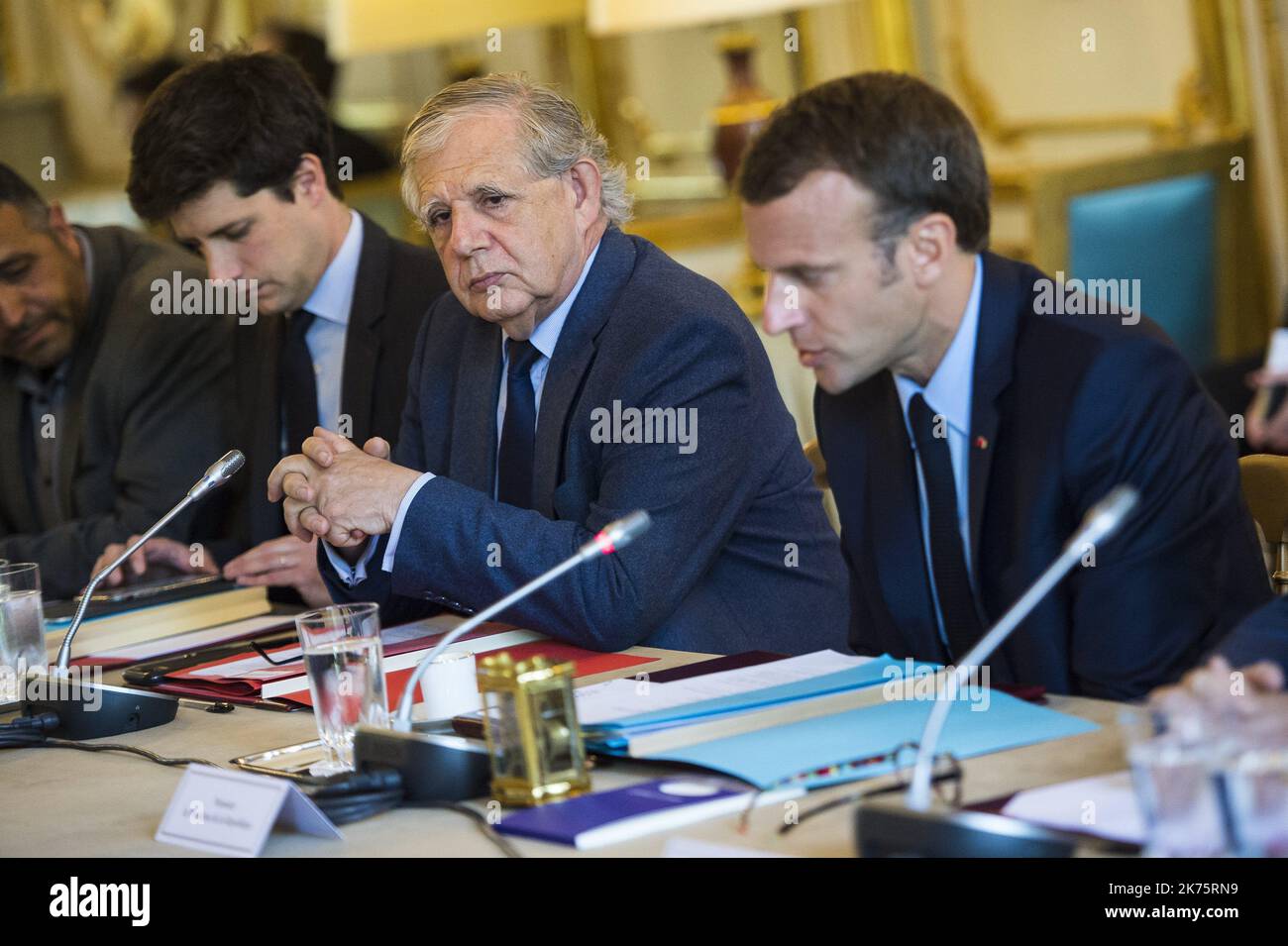 French president Emmanuel Macron (R), flanked by (fromL) French ...