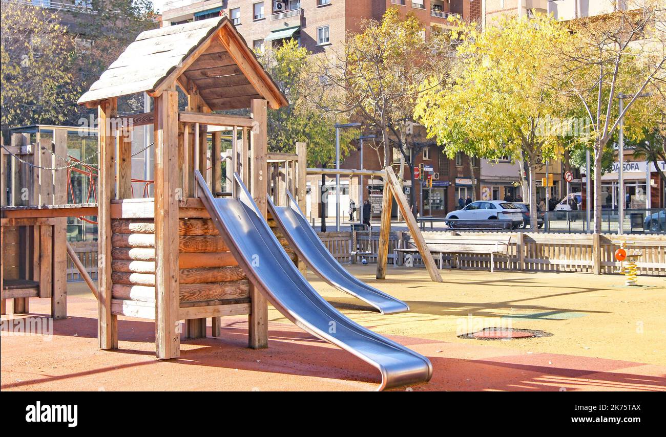 Children's playground in a neighborhood of Barcelona, Catalunya, Spain ...