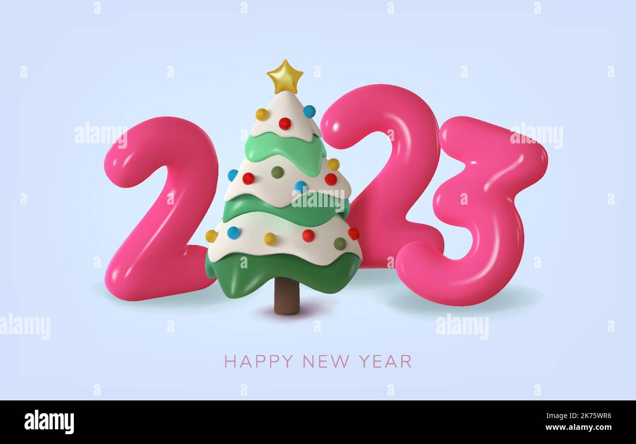 2023, banner with a Christmas tree and pink numbers.ic vector ...