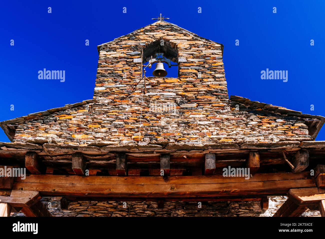 Route of the black villages. Detail of steeple. Church of Campillejo ...