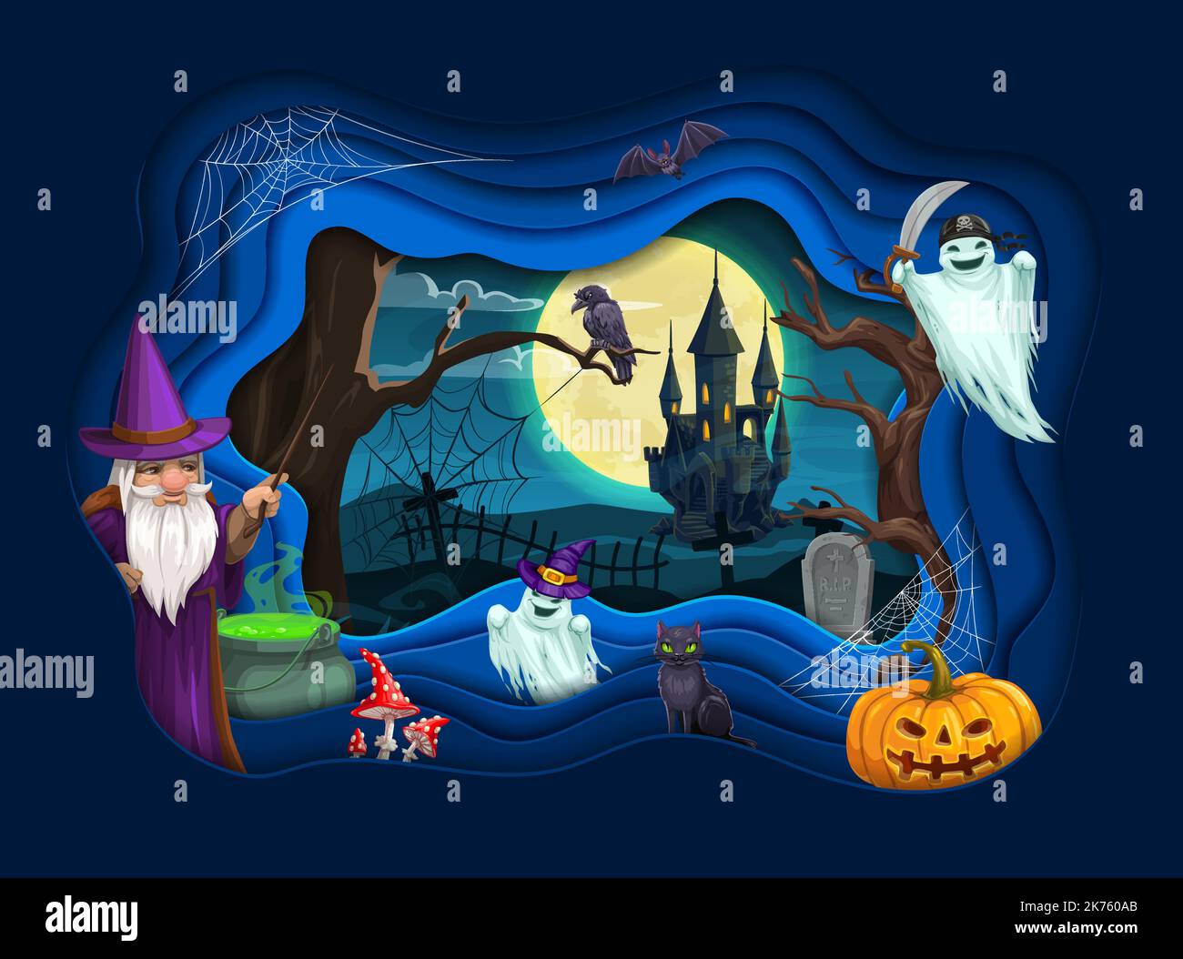 Halloween paper cut landscape. Cartoon wizard, ghosts and castle ...