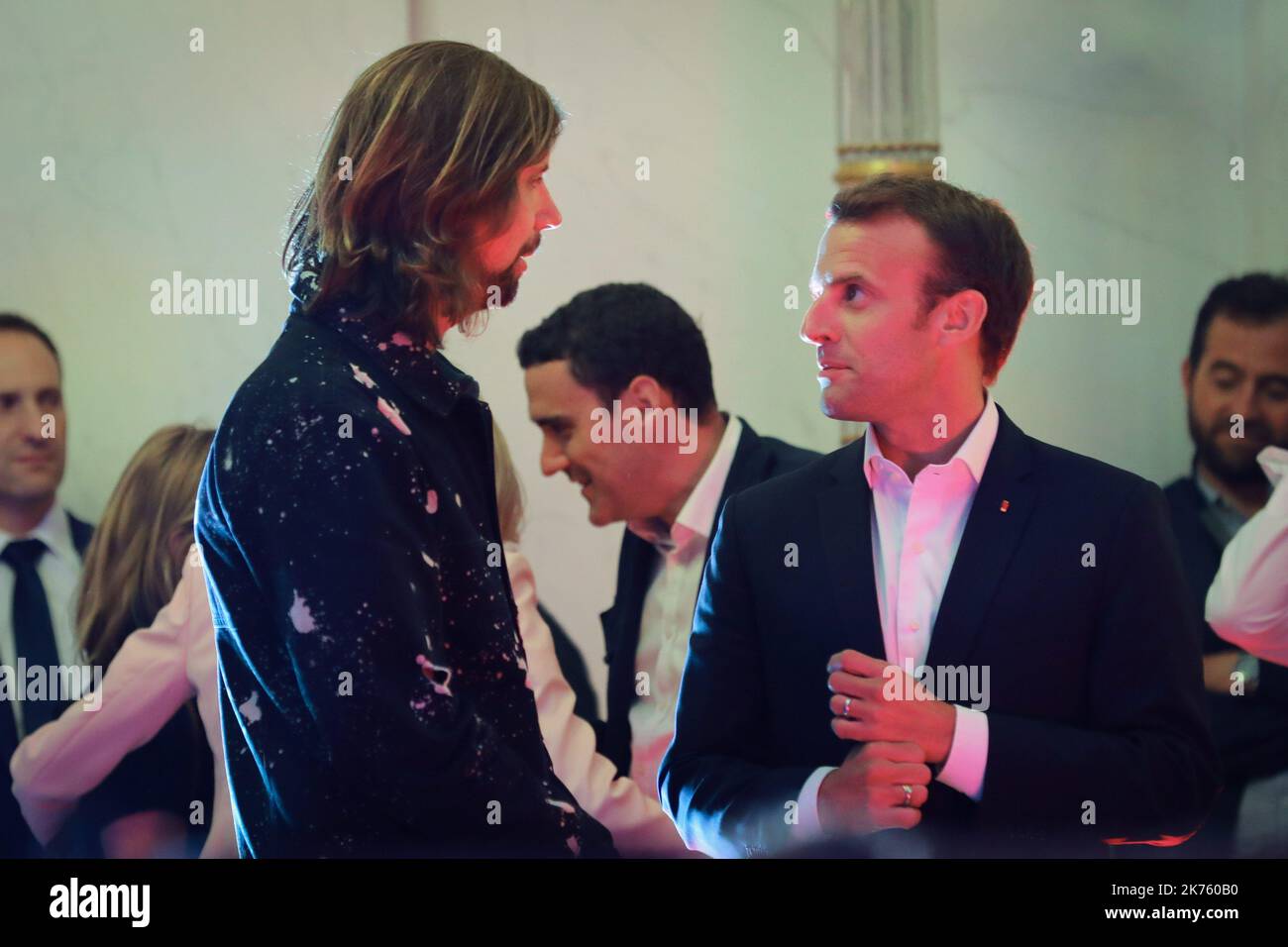 French President Emmanuel Macron (right) and Busy P during The Elysee ...