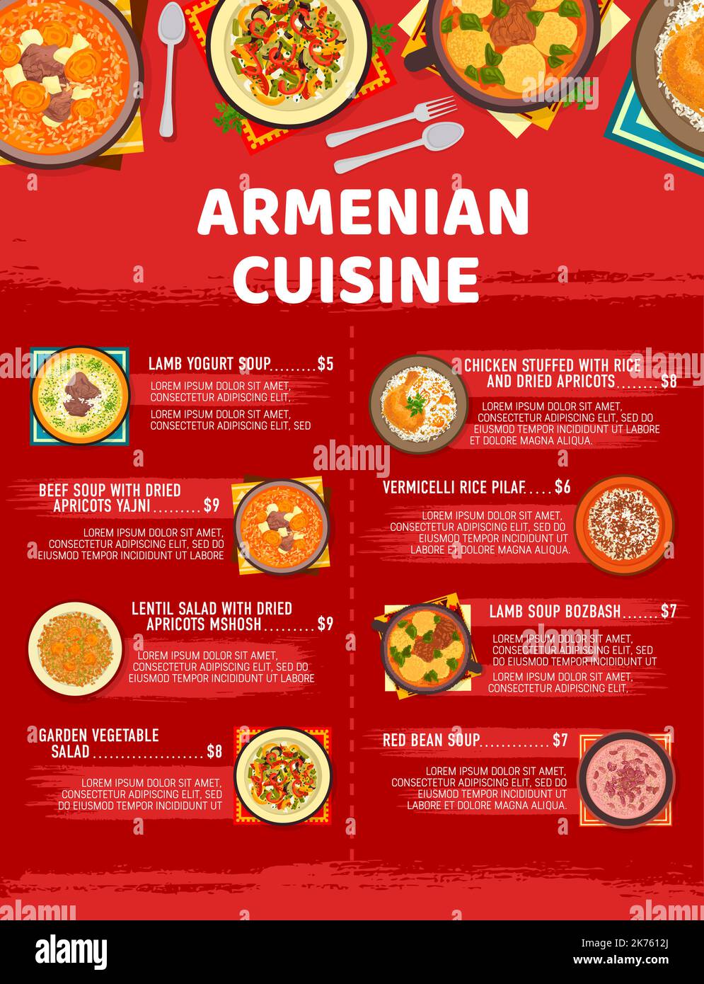 Armenian cuisine restaurant menu. Lamb yogurt and beef soup with dried ...