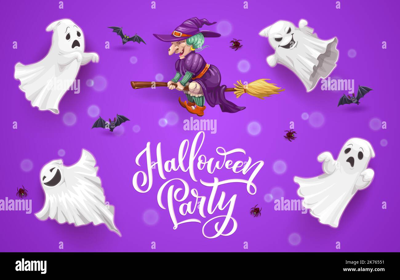 Halloween party banner with flying ghosts and witch. Cartoon vector ...