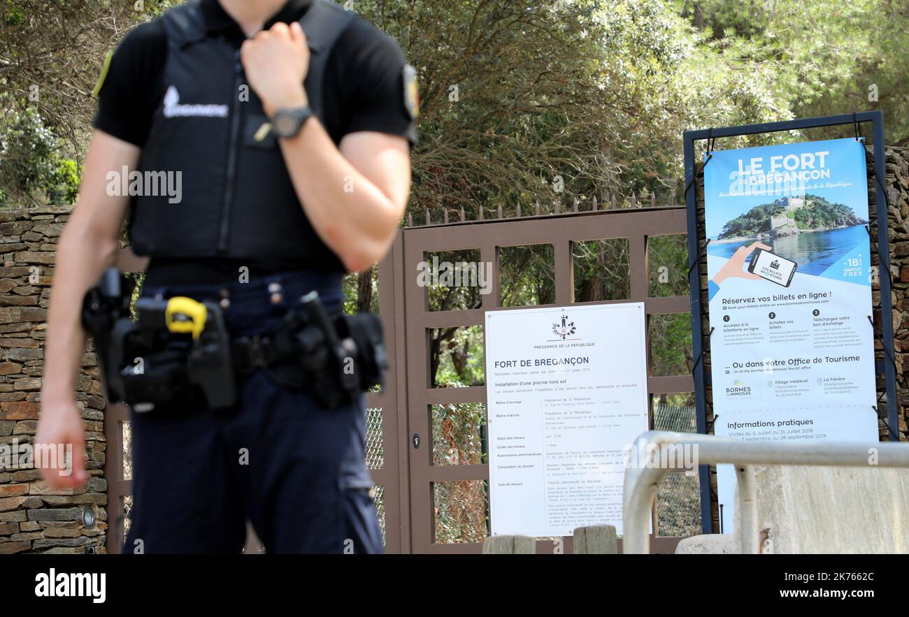 French President Emmanuel Macron arrives at his summer official ...
