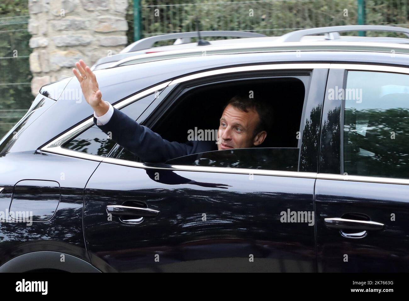 French President Emmanuel Macron arrives at his summer official ...