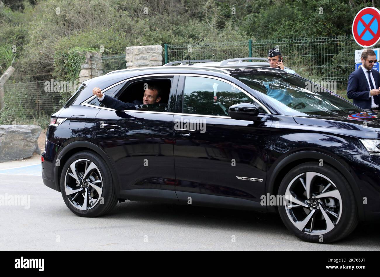 French President Emmanuel Macron arrives at his summer official ...