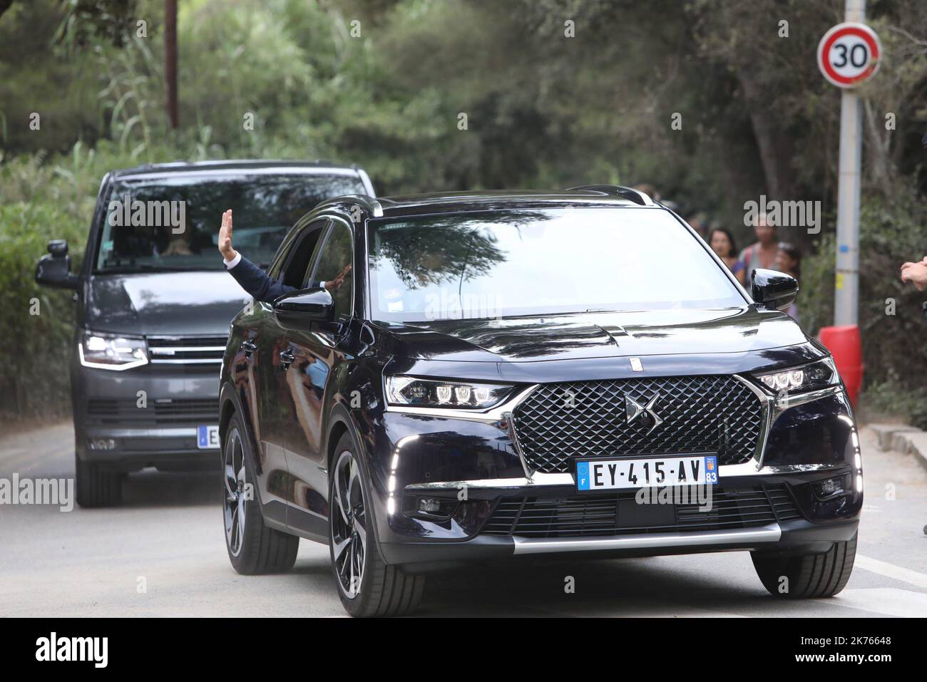 French President Emmanuel Macron arrives at his summer official ...