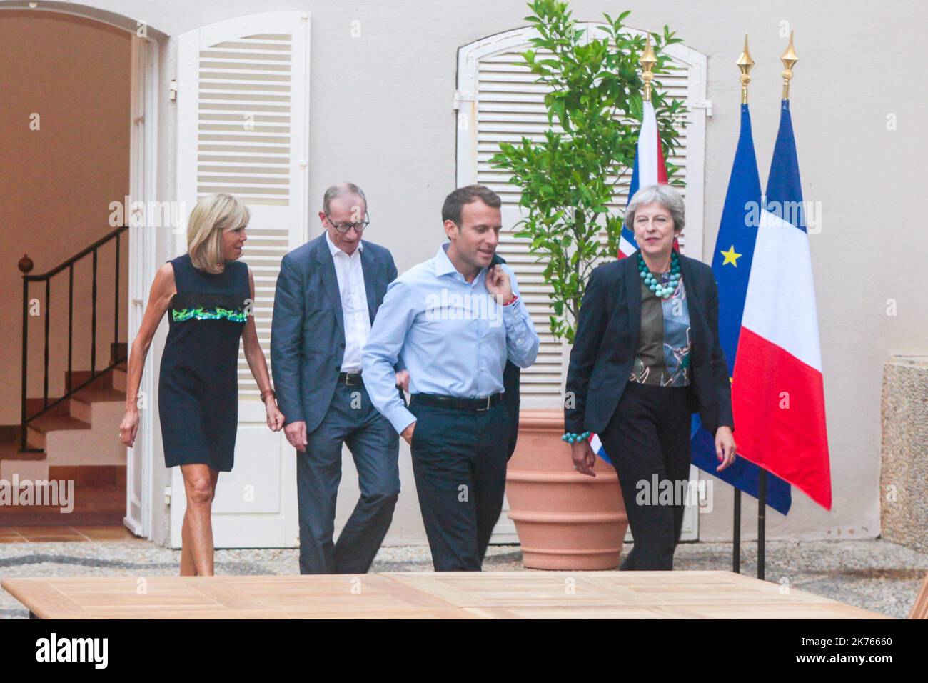 French President Emmanuel Macron (2nd R) and his wife Brigitte Macron ...