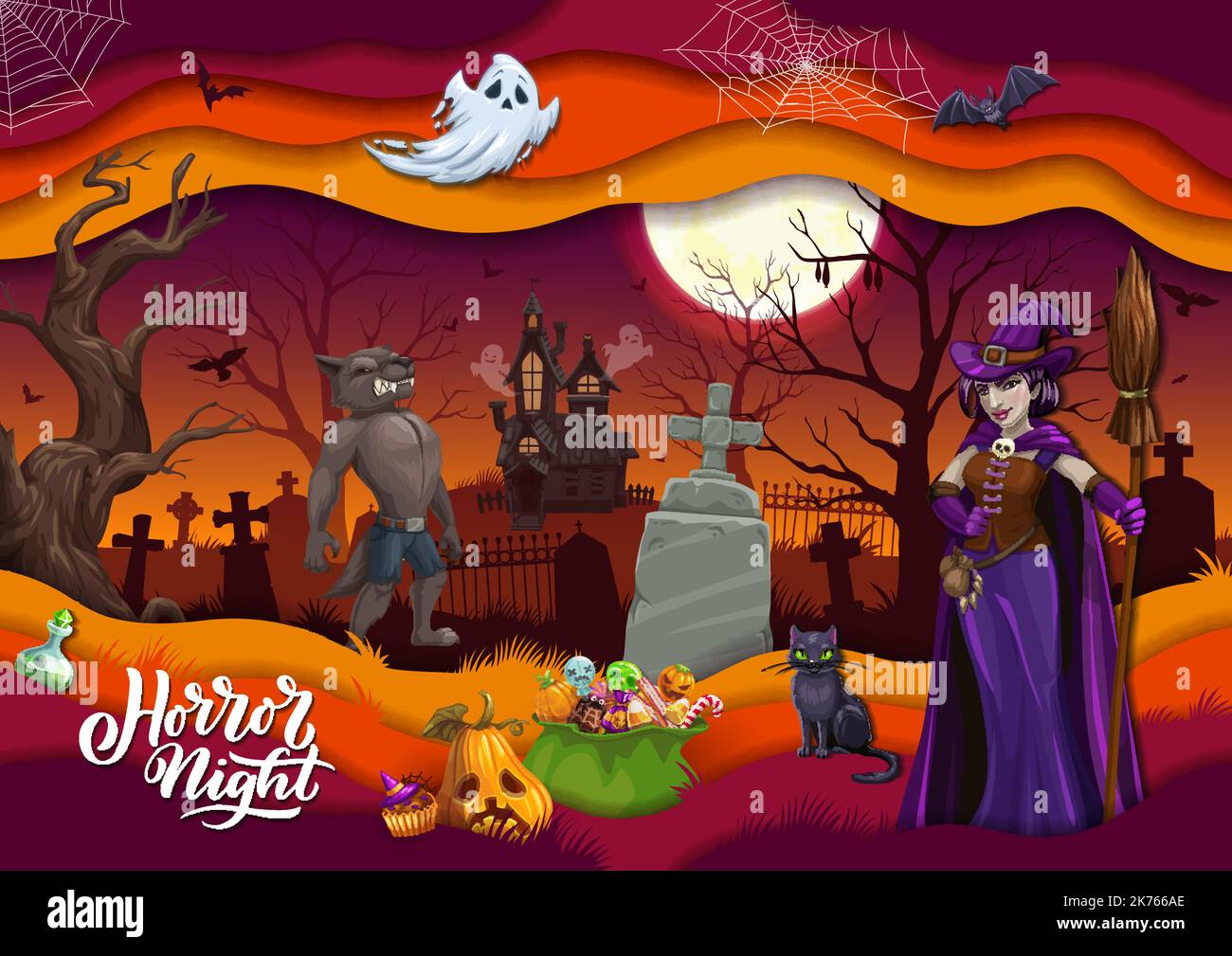 Halloween paper cut cartoon characters and sweets. Vector 3d papercut ...