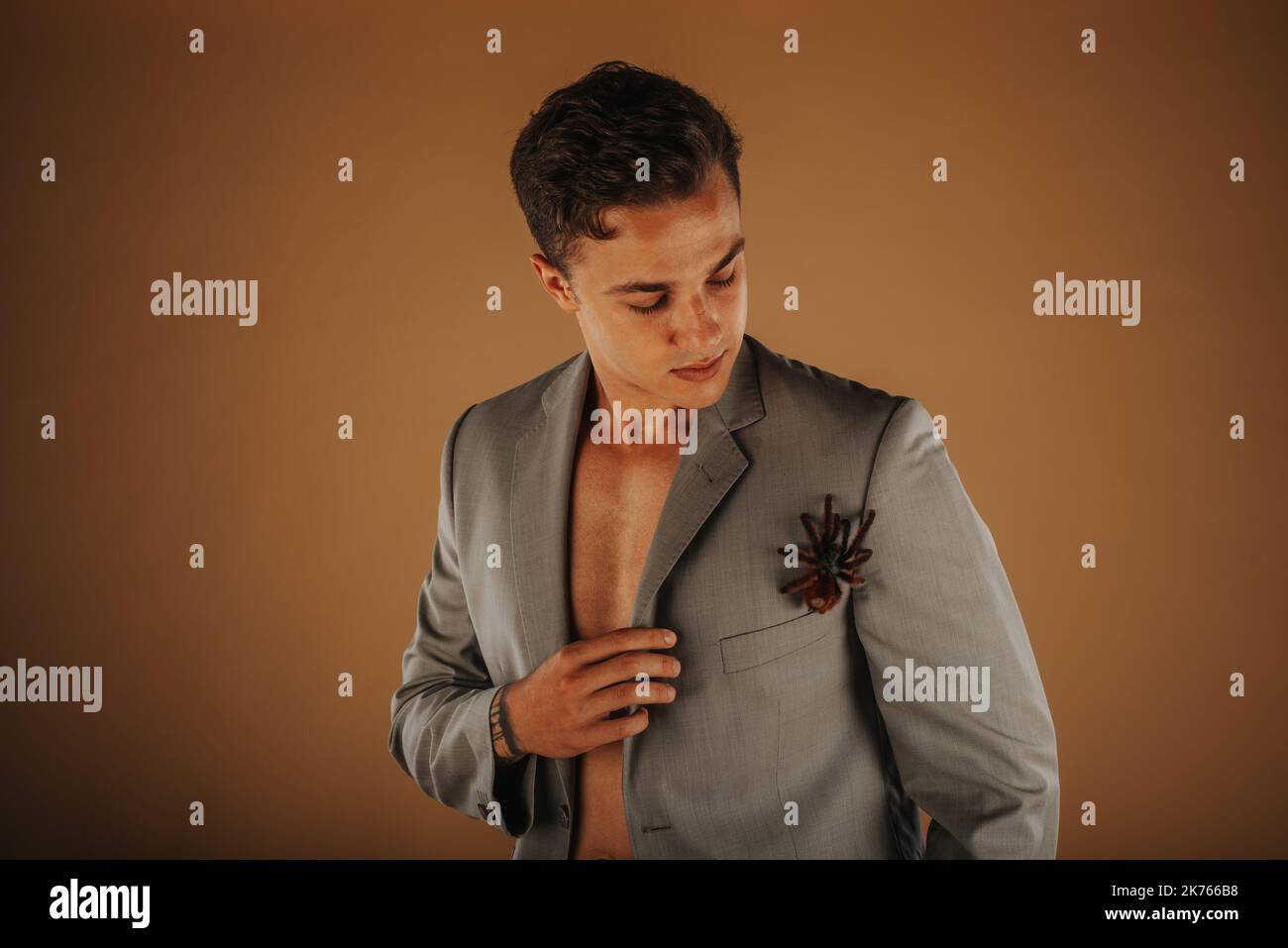 Handsome man standig at the studio with suit and tarantula on his chest ...