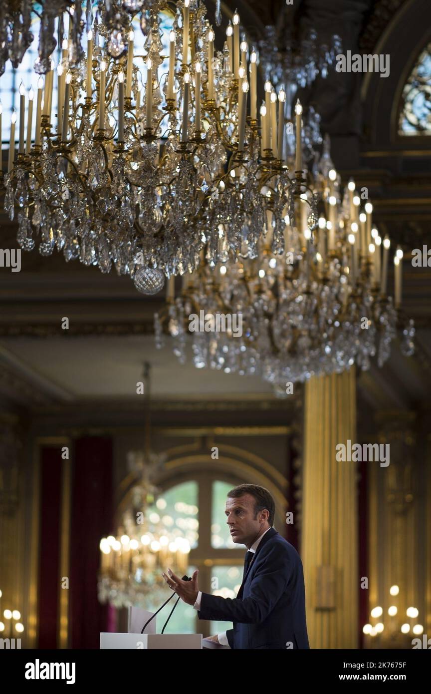 French President Emmanuel Macron delivers a speech during the annual ...