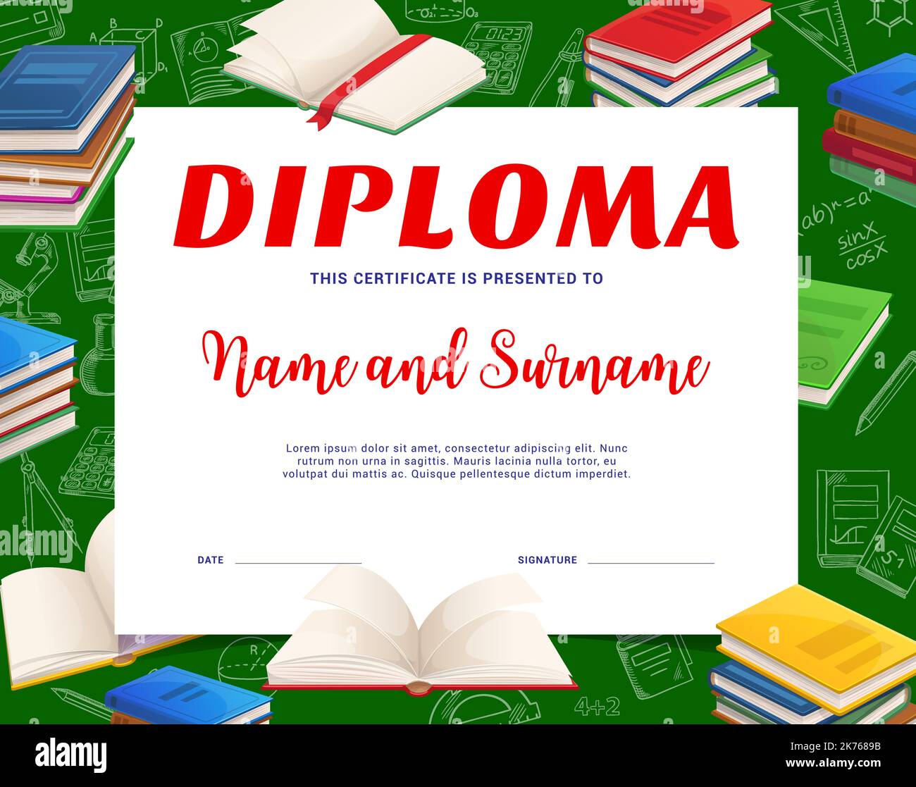 Kids school diploma, books and textbooks education certificate in ...