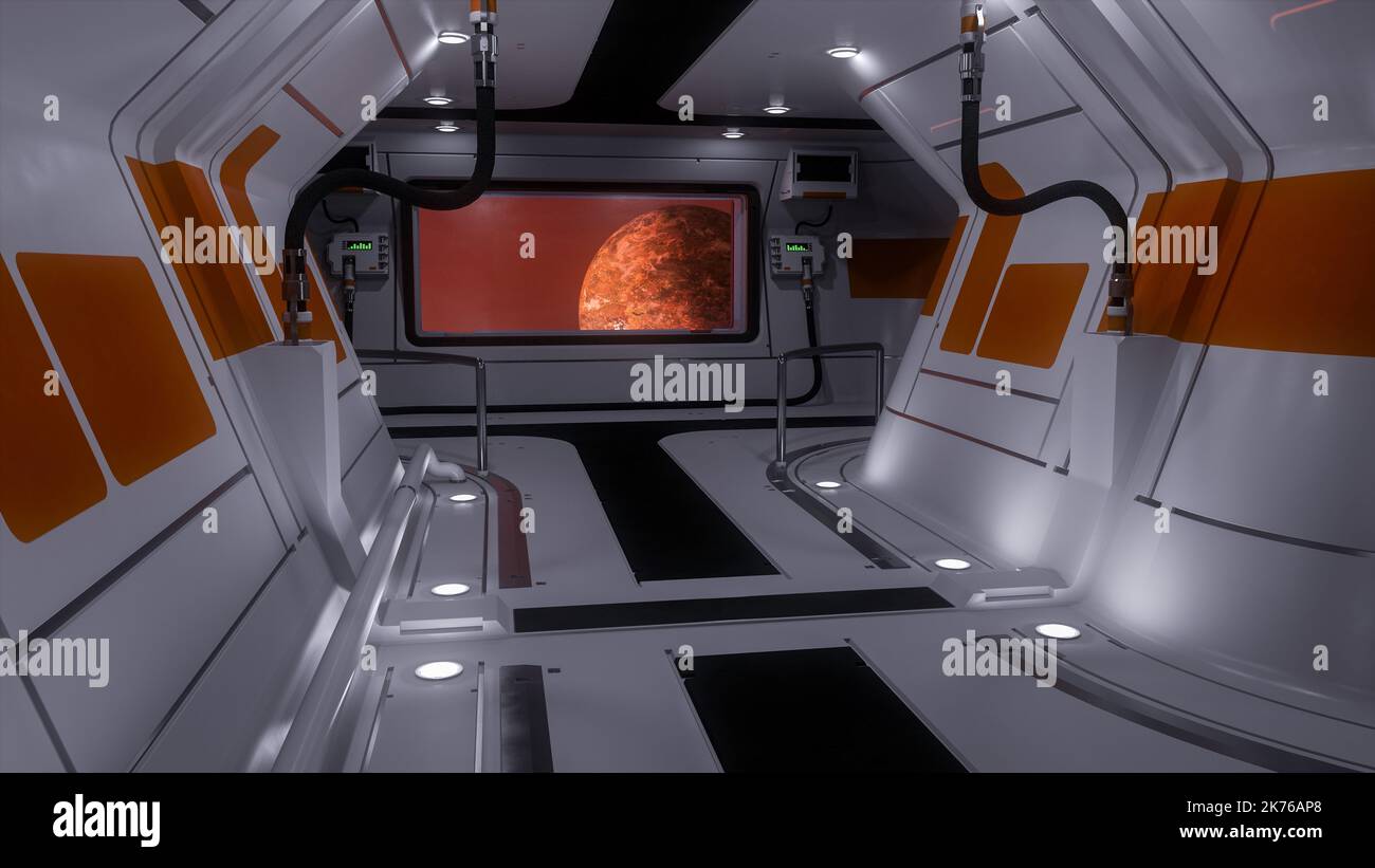 Corridor in a futuristic science fiction space ship or station with a ...