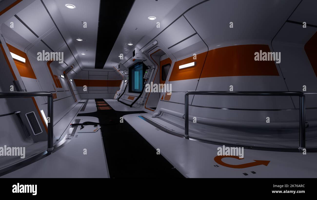 3D render of a corridor inside a futuristic science fiction space ...