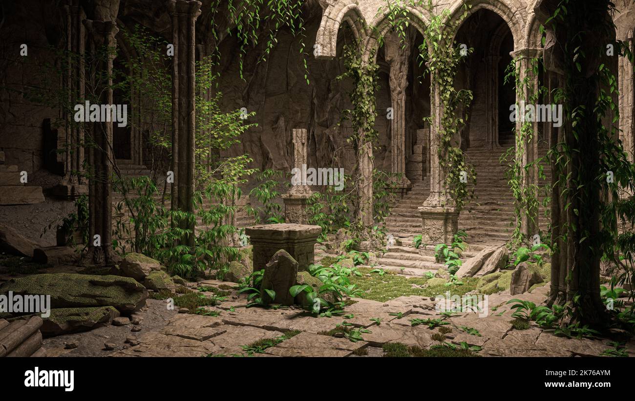 Dark mysterious ruin of a fantasy medieval temple overgrown with ivy ...
