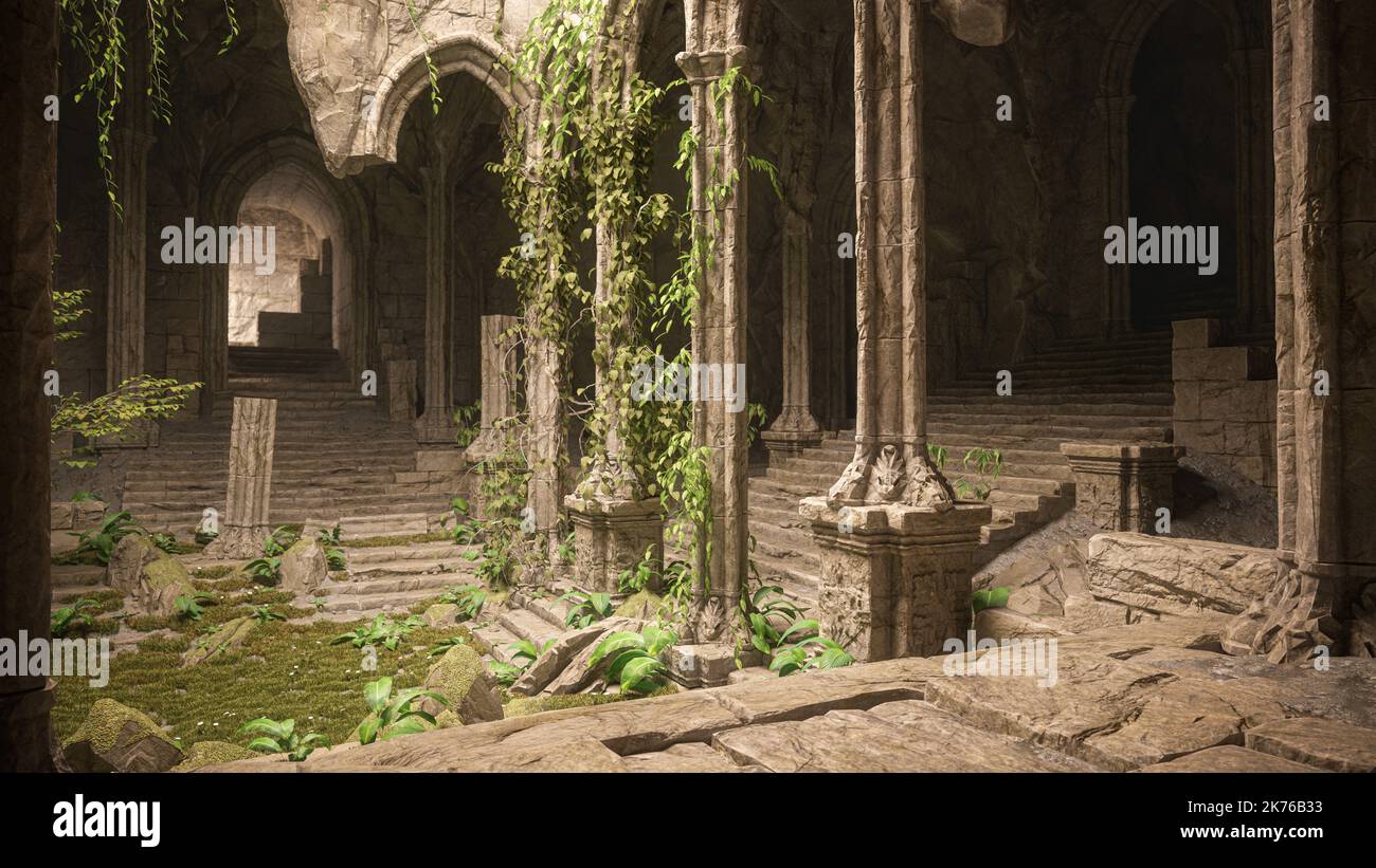 3D rendering of an old medieval fantasy gothic temple ruin built in a ...