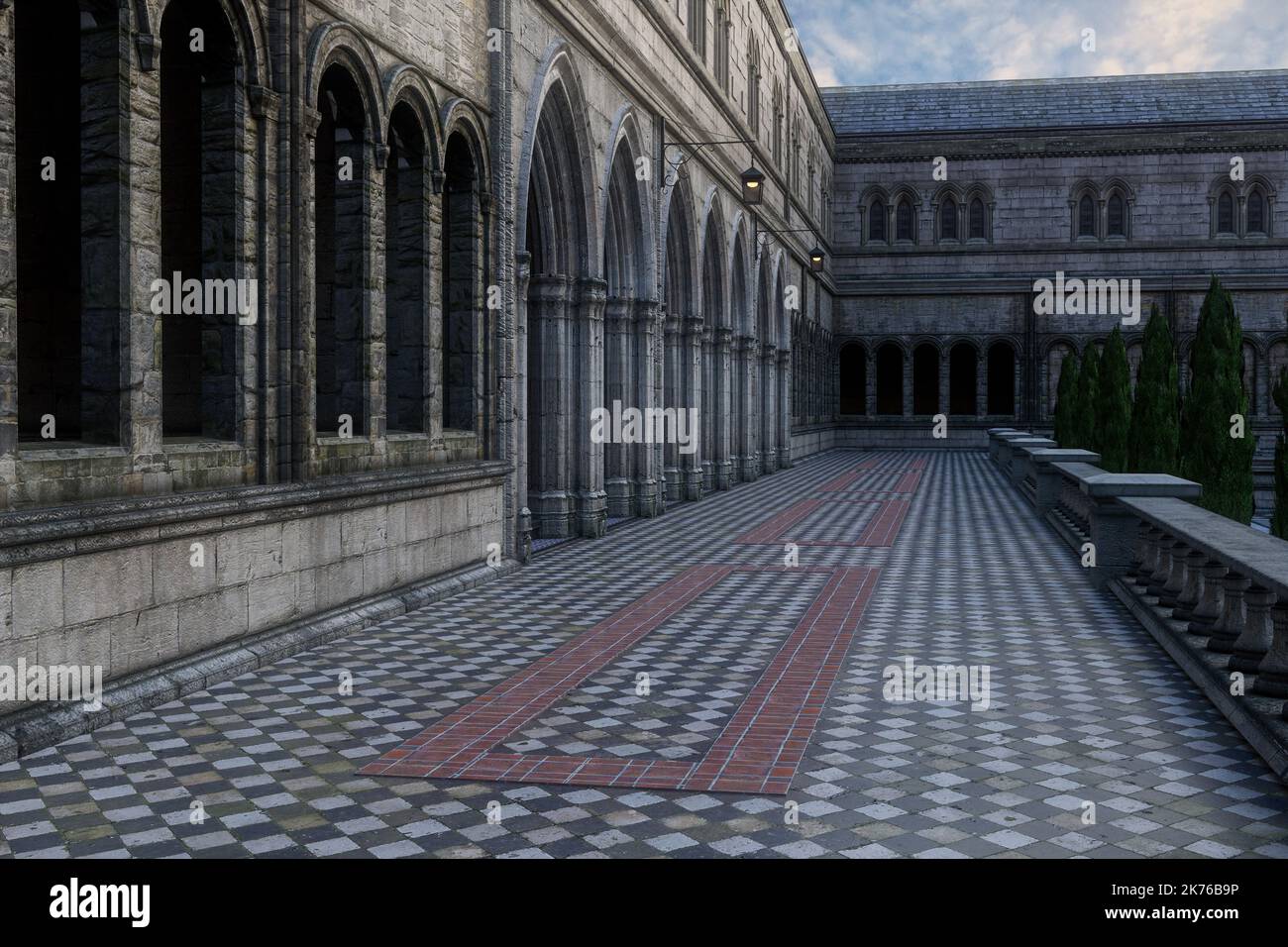 Long straight tiled walkway in a large palace courtyard garden. 3D ...