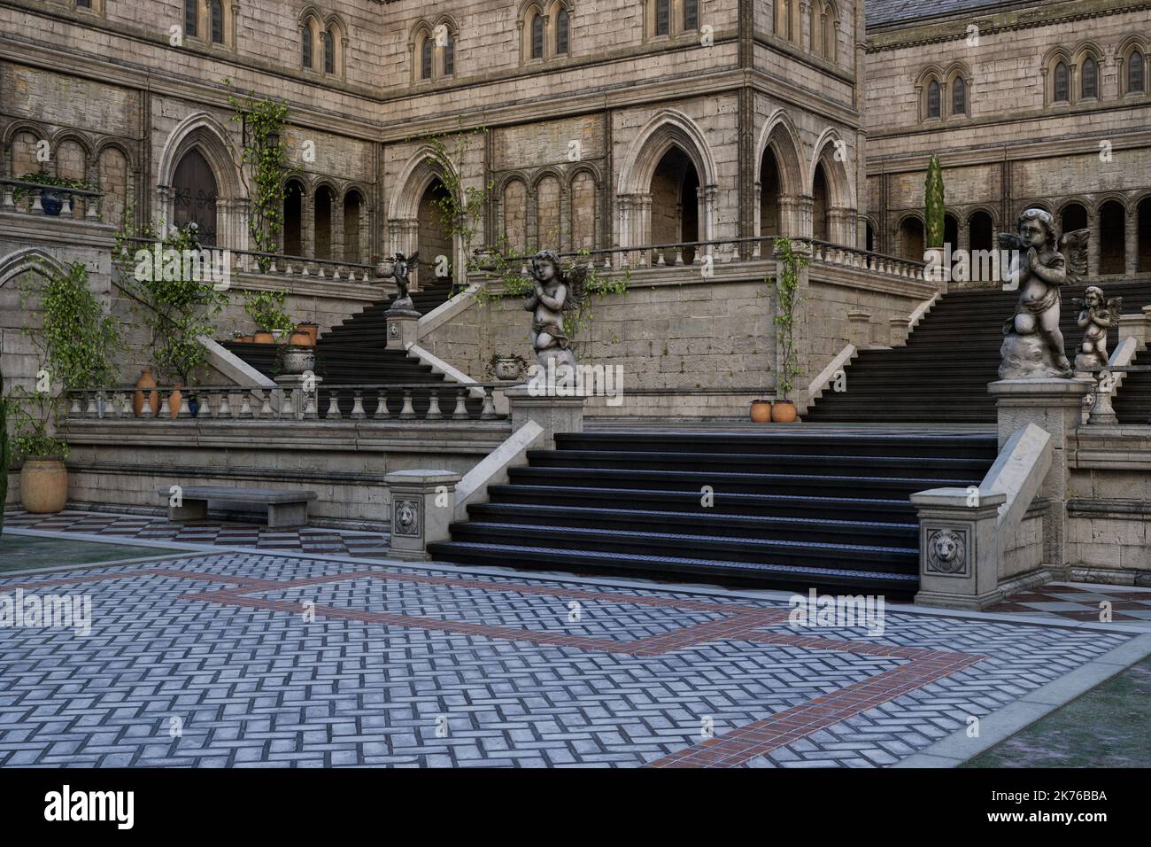 Courtyard with large staircases in a large old mansion house or palace ...