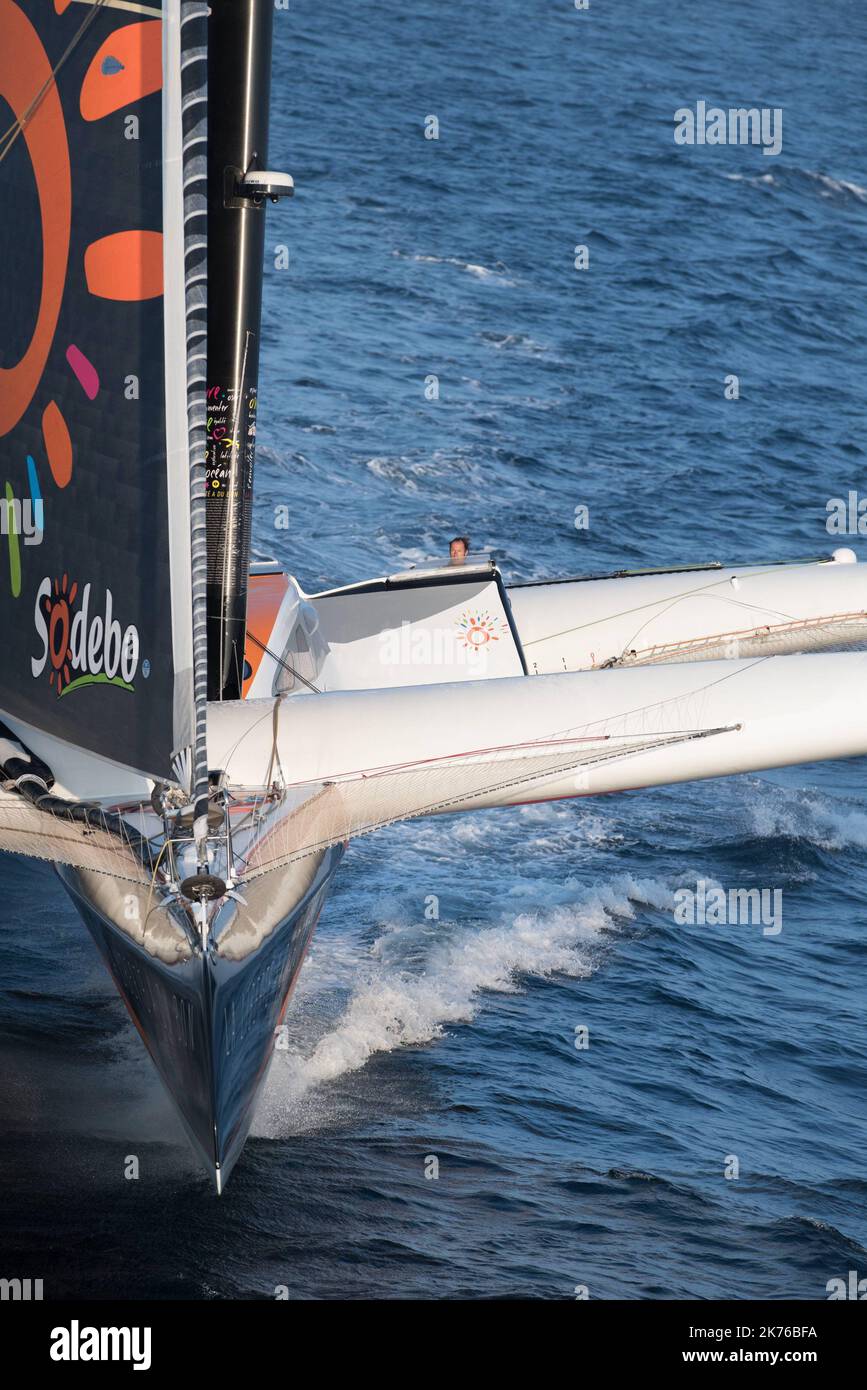 Thomas Coville's Sodebo Ultim' trimaran. With its 7136 sq ft of sails ...