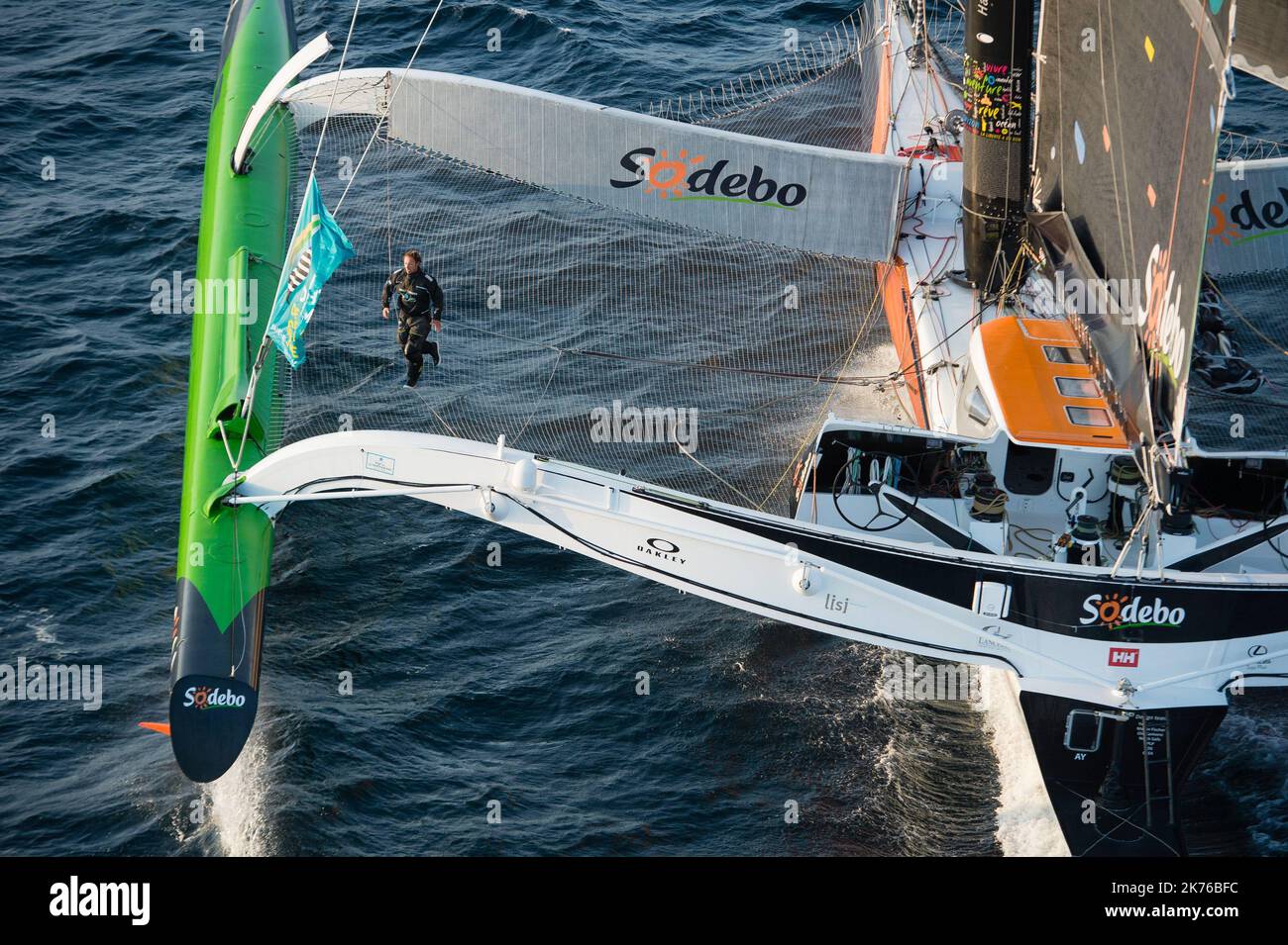 Thomas Coville's Sodebo Ultim' trimaran. With its 7136 sq ft of sails ...