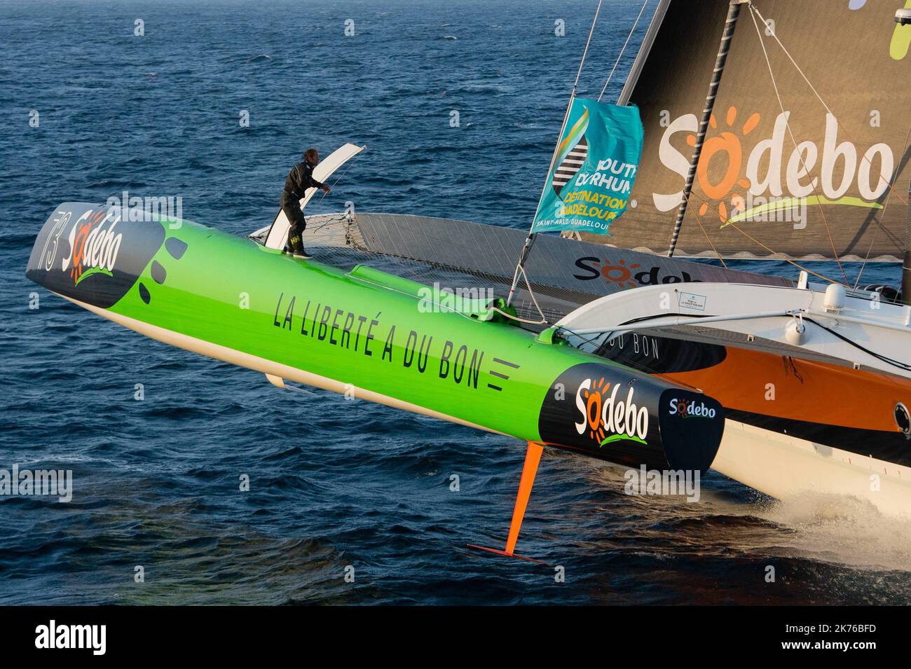 Thomas Coville's Sodebo Ultim' trimaran. With its 7136 sq ft of sails ...