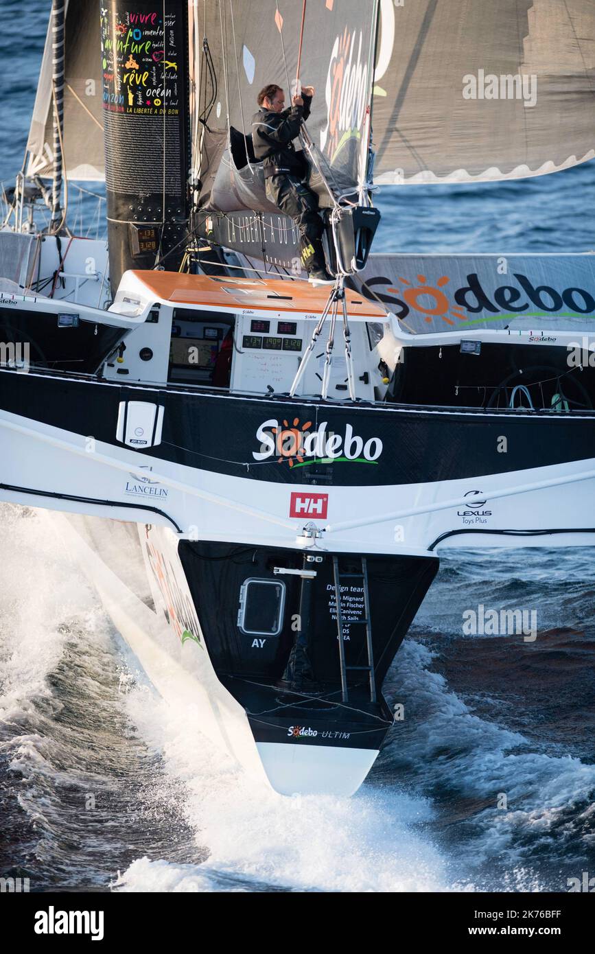 Thomas Coville's Sodebo Ultim' trimaran. With its 7136 sq ft of sails ...