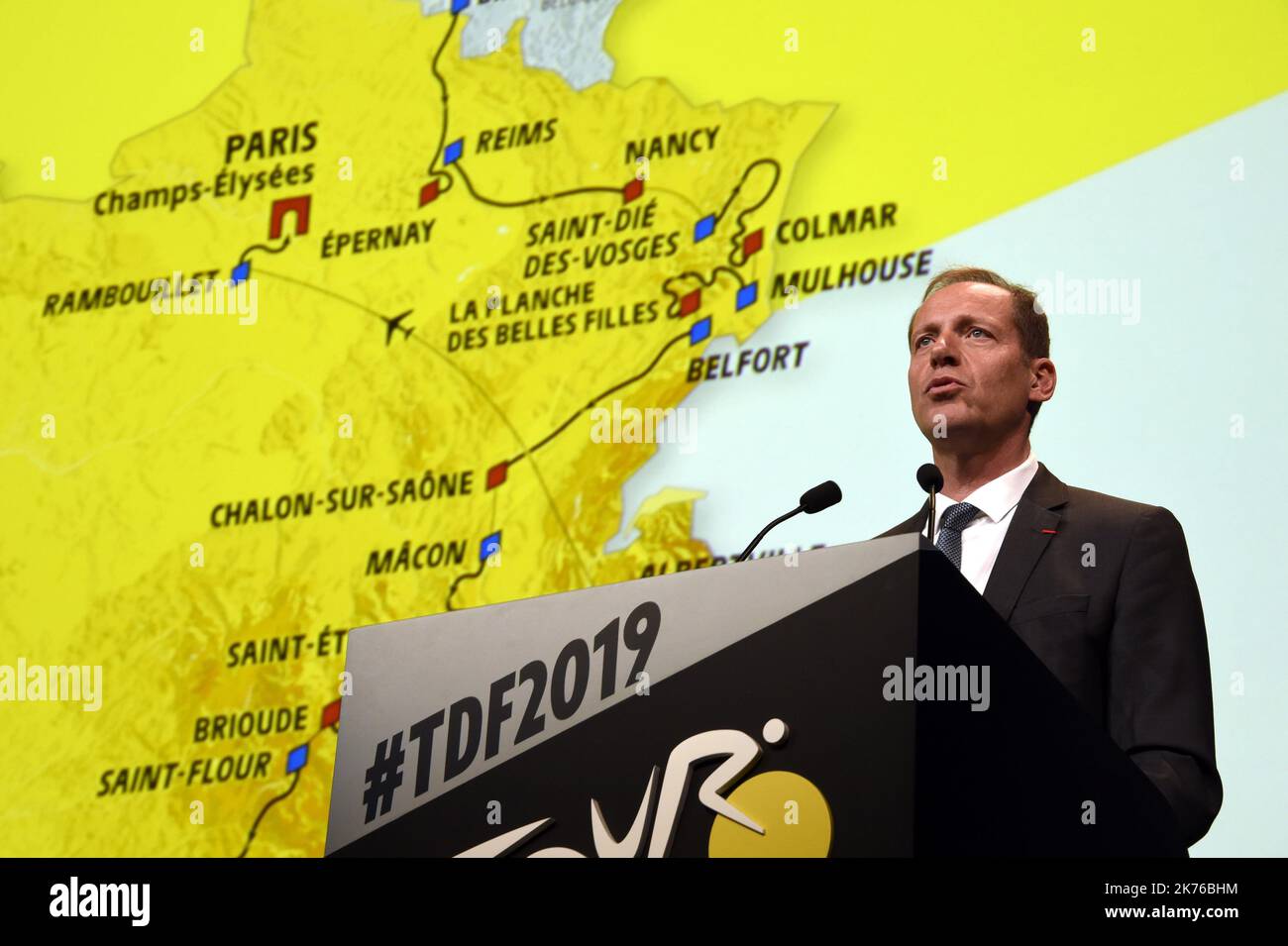 Tour de France Director Christian Prudhomme speaks to the crowd during ...