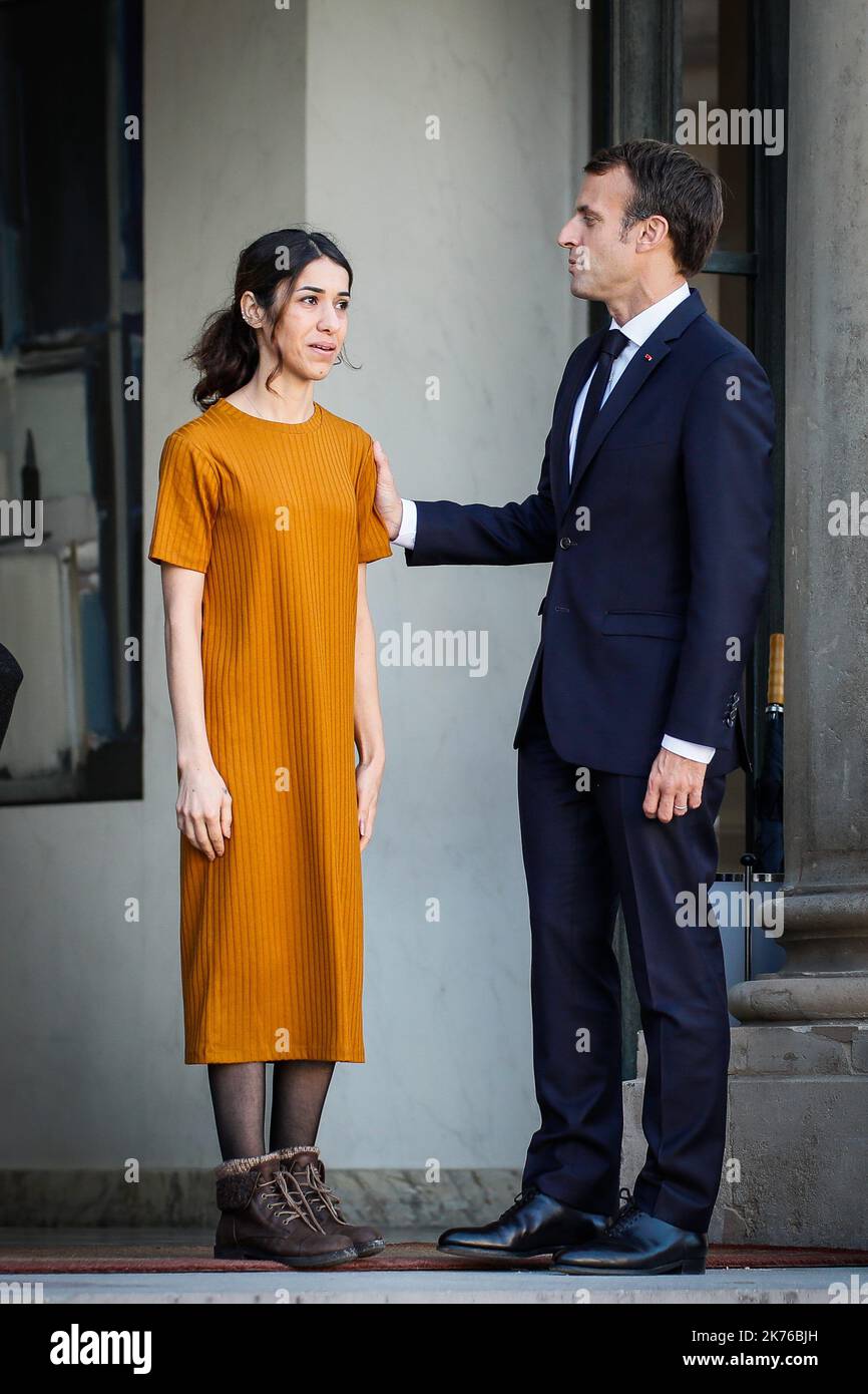 French President, Emmanuel Macron receives a co-recipient of this year ...