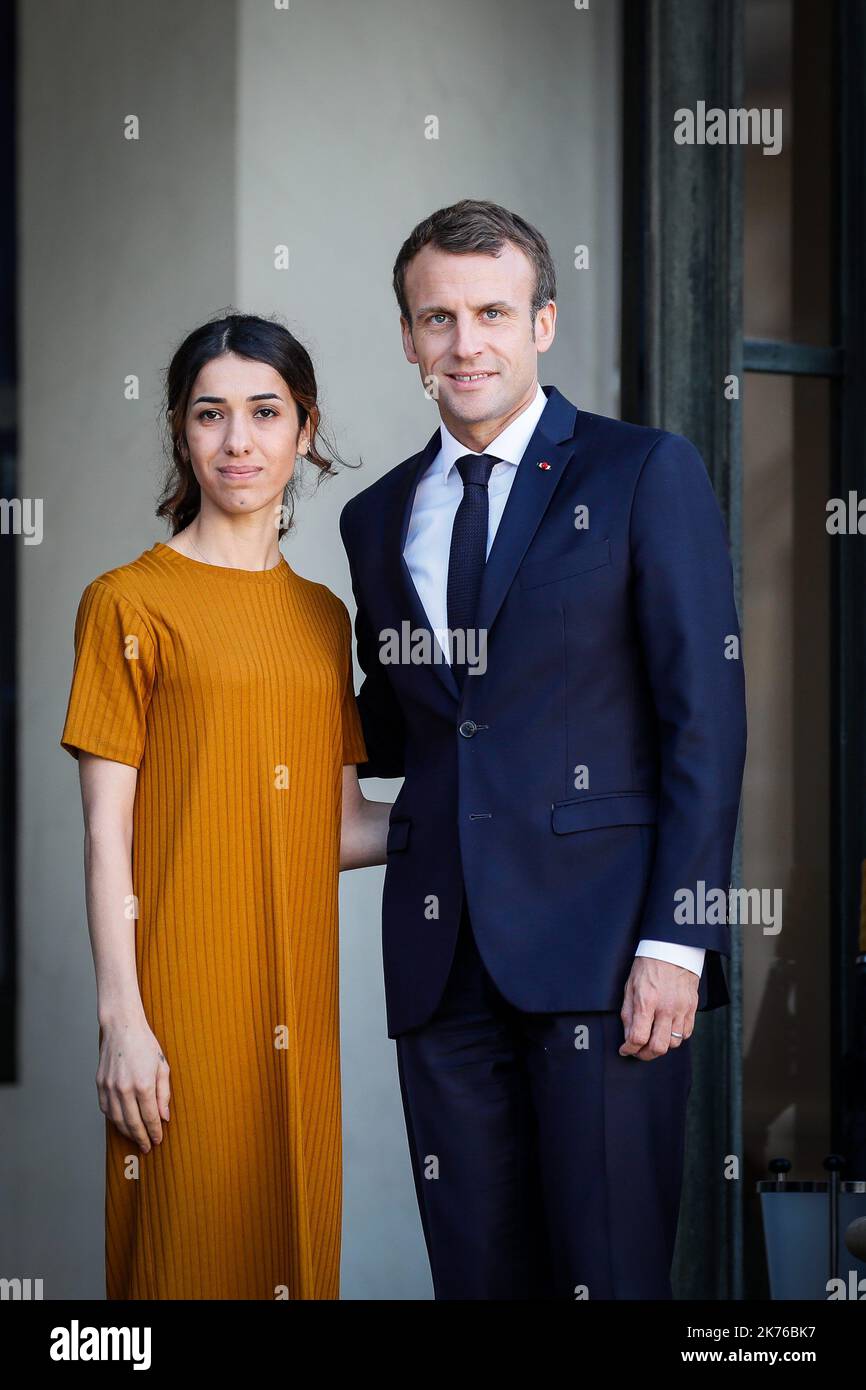 French President, Emmanuel Macron receives a co-recipient of this year ...