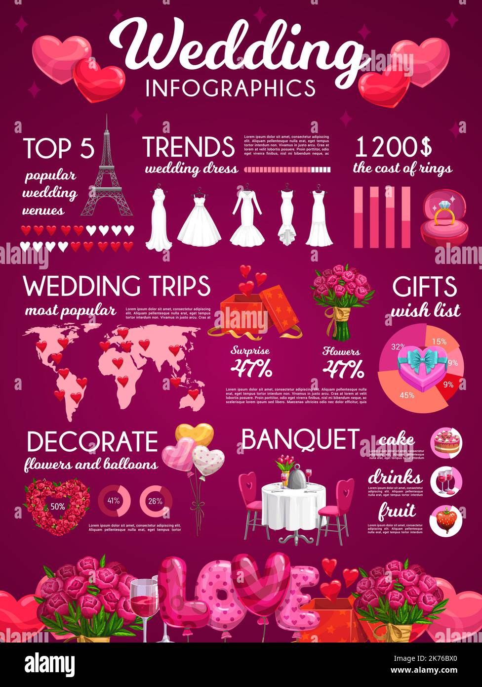 Wedding and marriage infographic with flowers and balloons decorations ...