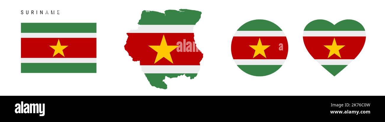 Suriname flag icon set. Surinamese pennant in official colors and proportions. Rectangular, map ...