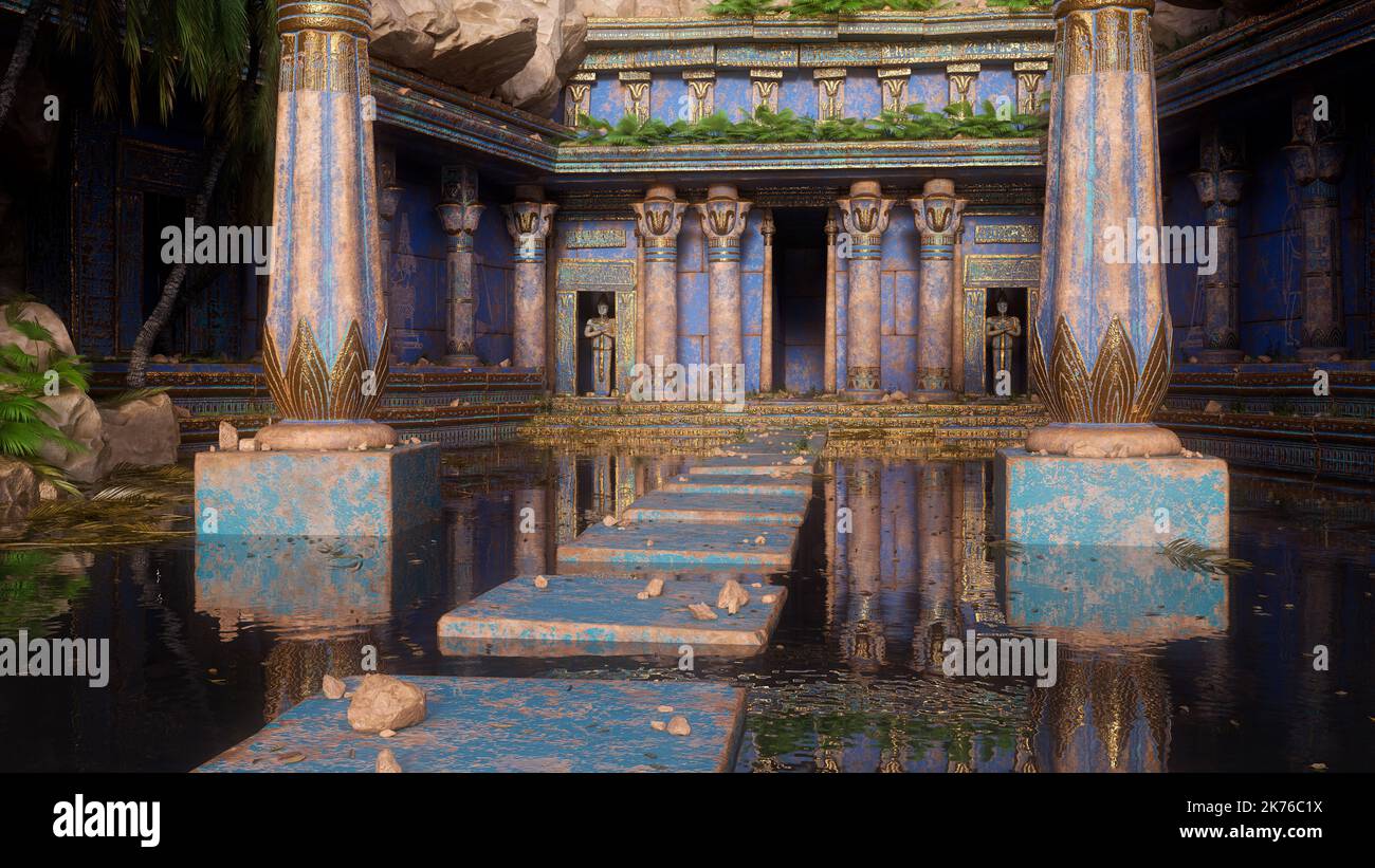 Stepping stones across a lake to an ancient Egyptian temple or tomb. 3D ...