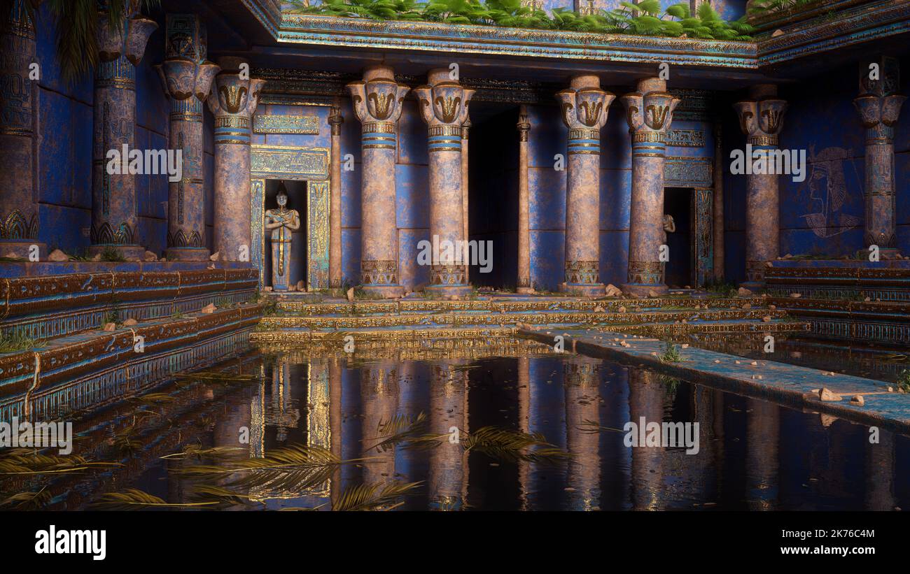 Fantasy Egyptian temple or tomb with blue painted stone walls and water ...