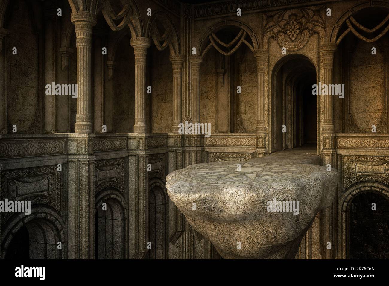 Fantasy medieval architectural interior with large high stone platform ...