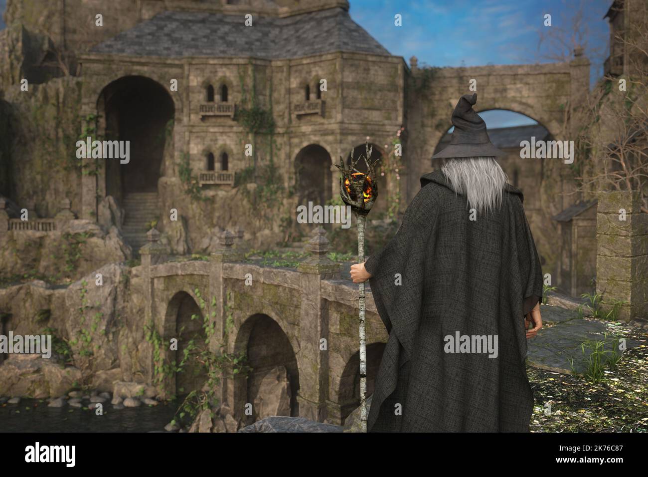 Old grey wizard stands before the bridge to a mystical fantasy castle ...