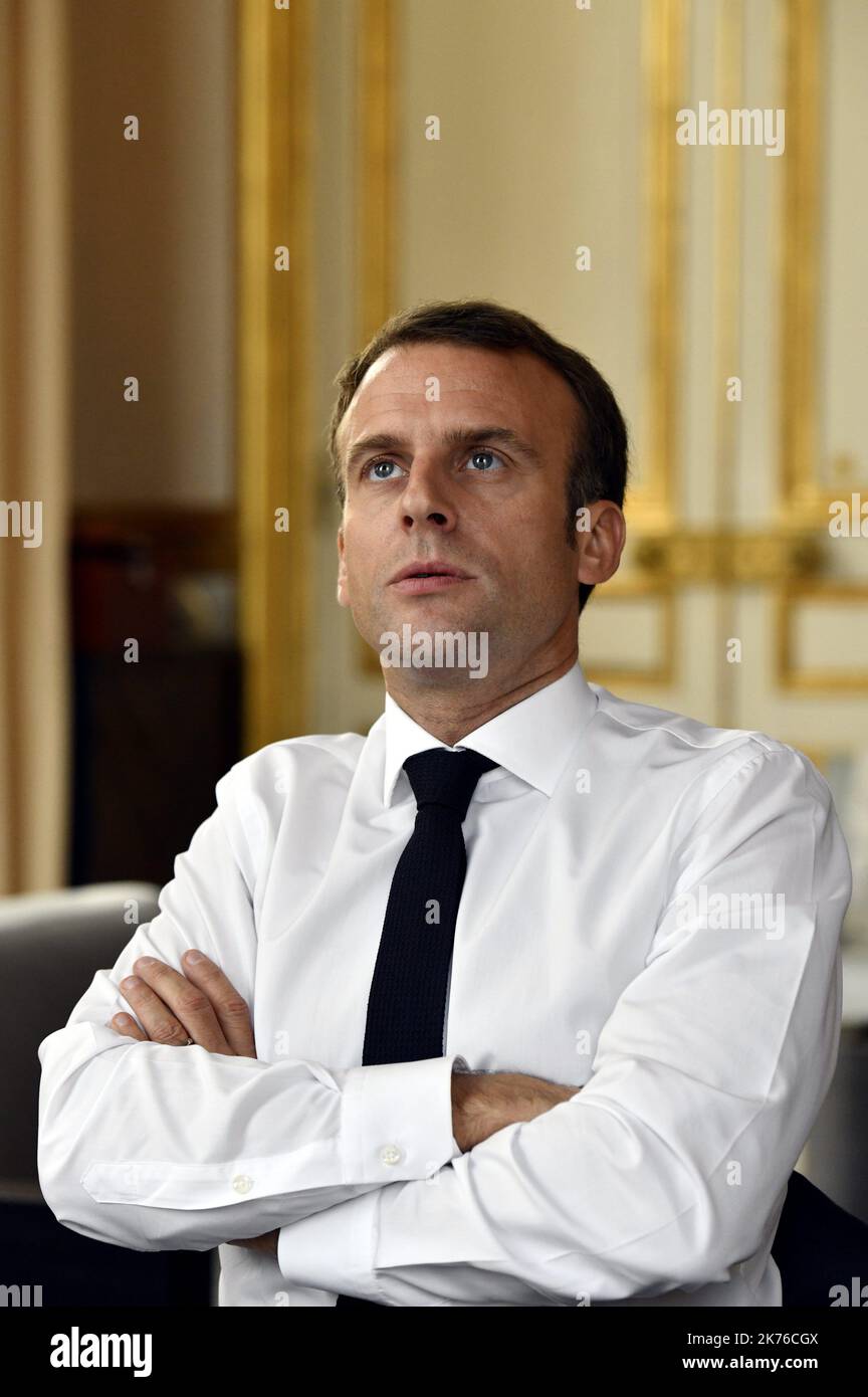 The President of the Republic Emmanuel Macron at the Elysée during an ...