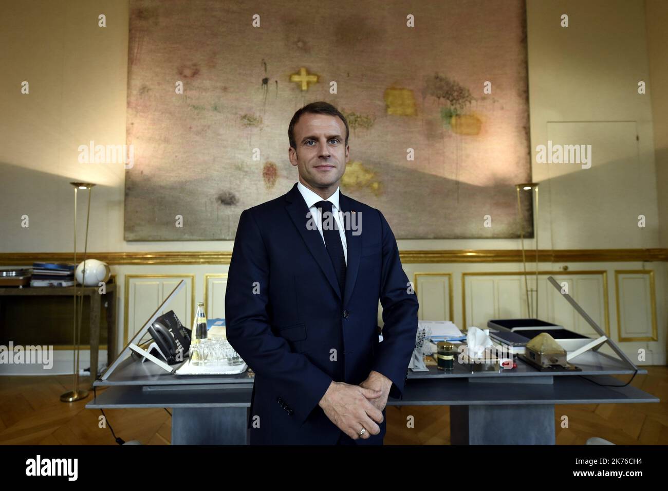 The President of the Republic Emmanuel Macron at the Elysée during an ...