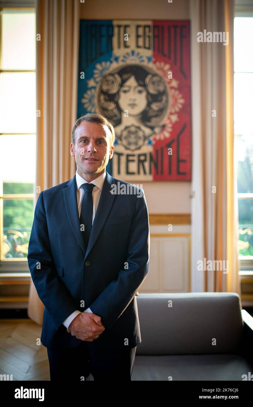 The President of the Republic Emmanuel Macron at the Elysée during an ...