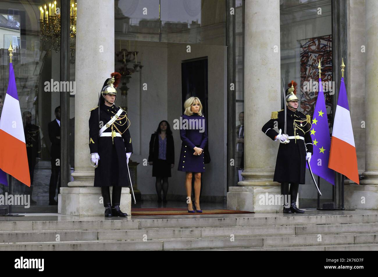 French First Lady Brigitte Macron greets US First Lady Melania Trump ...