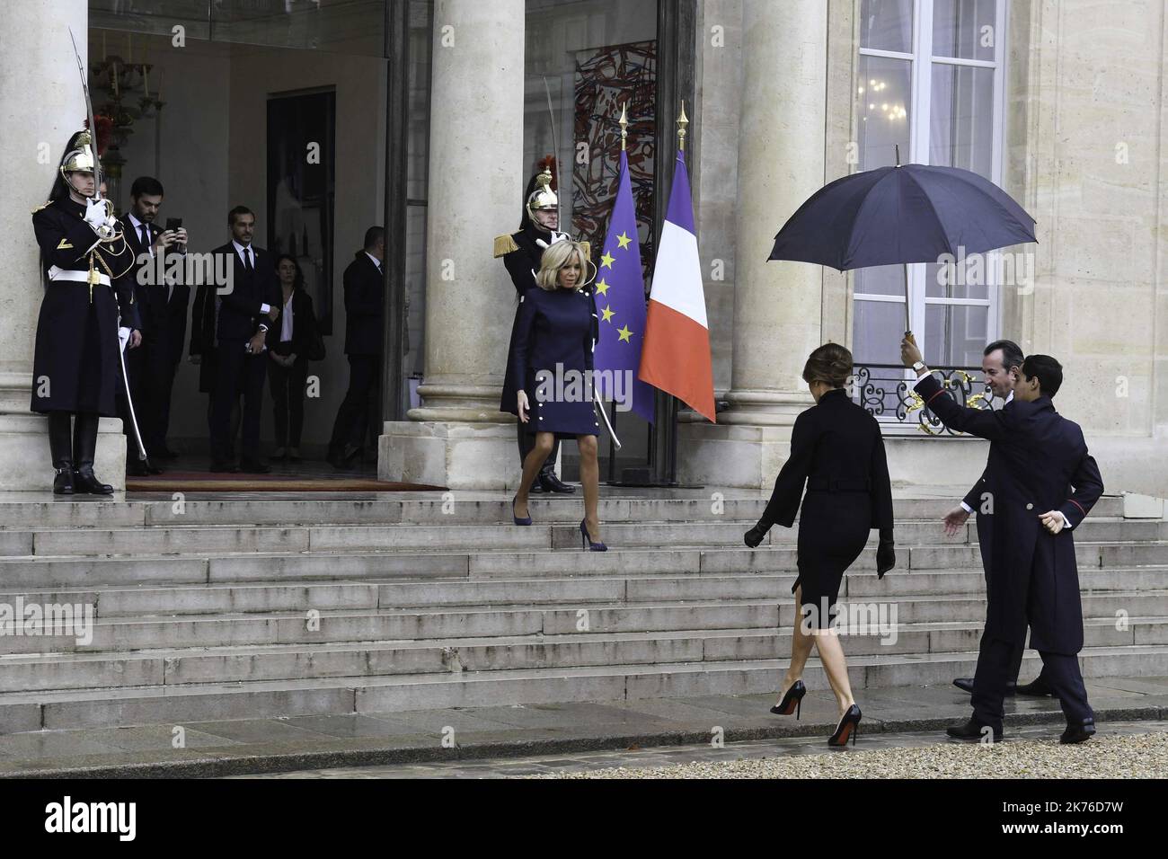 French First Lady Brigitte Macron greets US First Lady Melania Trump ...