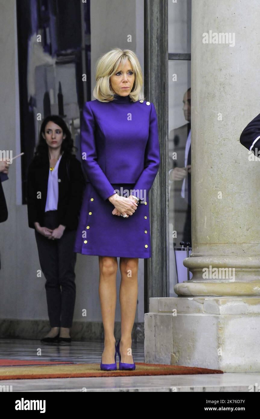 French First Lady Brigitte Macron greets US First Lady Melania Trump ...