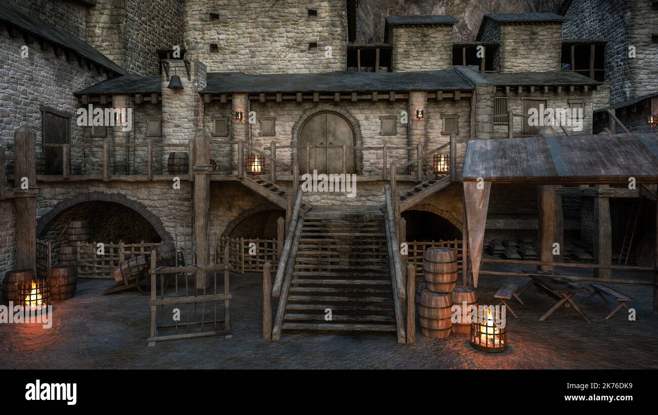 Wooden steps leading to a doorway in the courtyard of a medieval castle ...