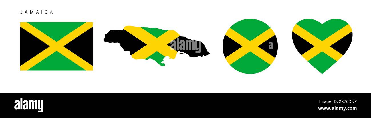 Jamaica flag icon set. Jamaican pennant in official colors and proportions. Rectangular, map ...