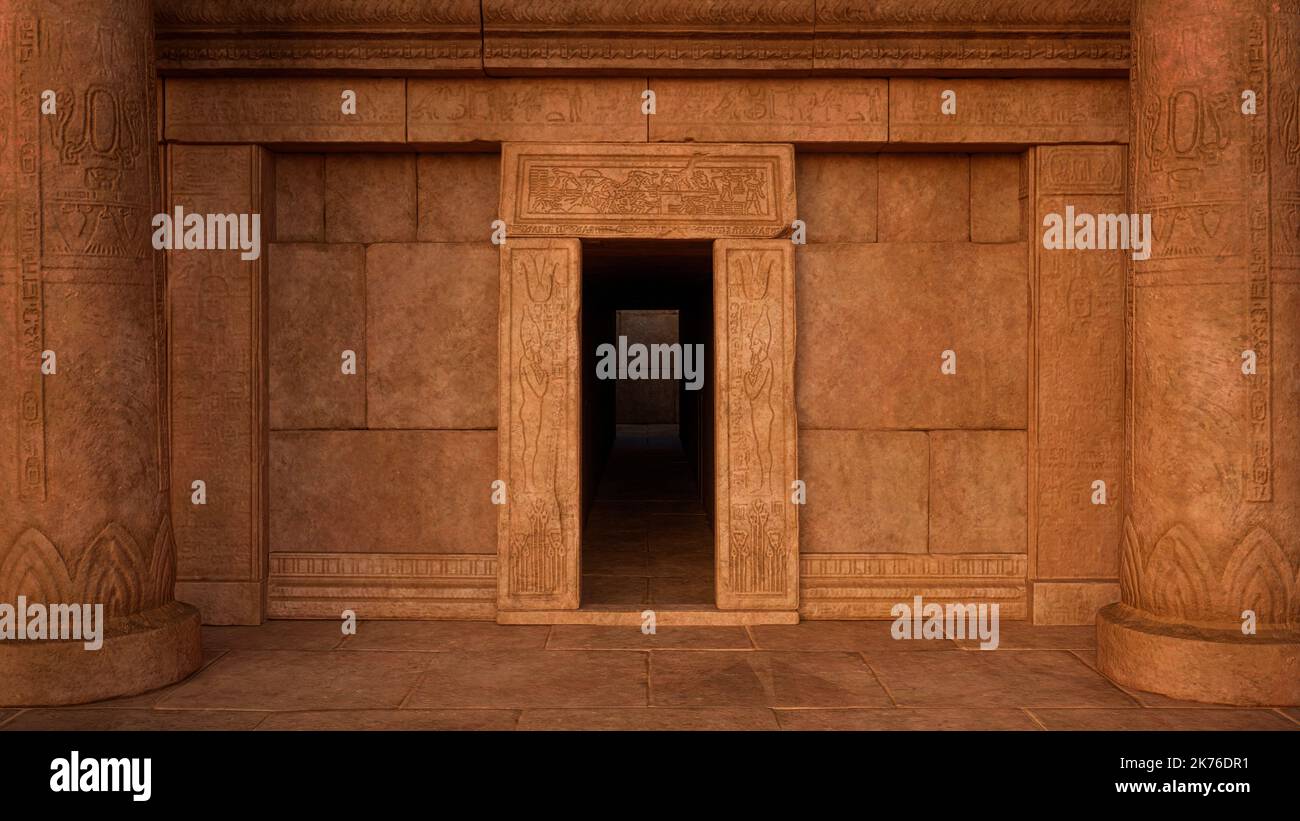 Entrance to an ancient Egyptian tomb or temple with stone columns ...