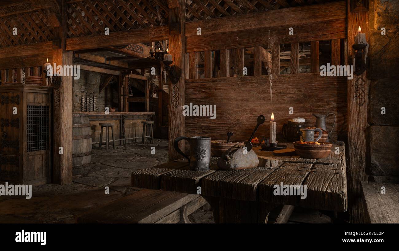 Old medieval or Viking tavern bar with bread and ale on a table. 3D ...