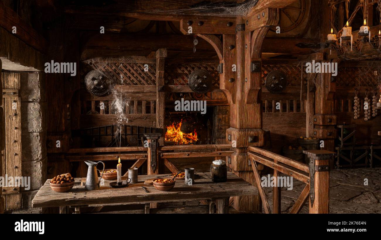 Dining table by a window in an old medieval tavern with fire burning in ...